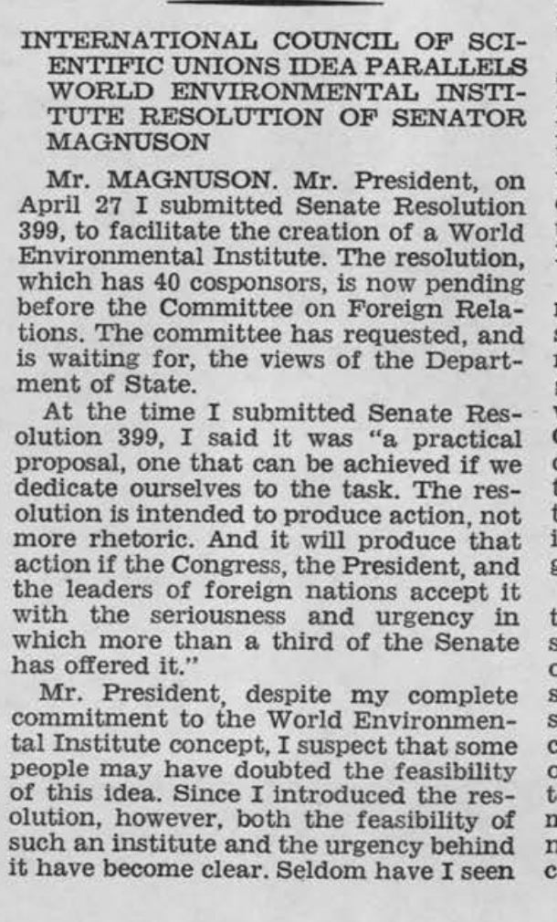 June 3, 1970 - US Senator suggests World Ecology Unit - All Our Yesterdays