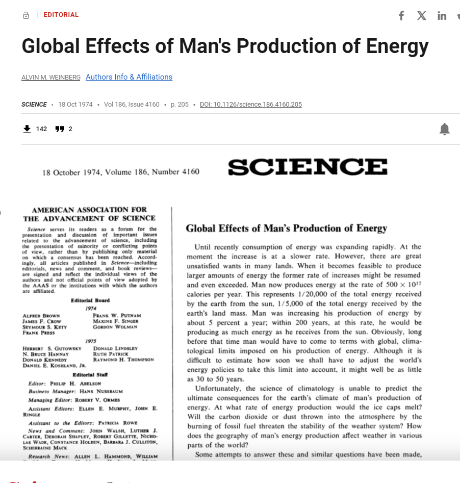 October 18, 1974 - Weinberg’s “Global Effects of Man’s Production of ...